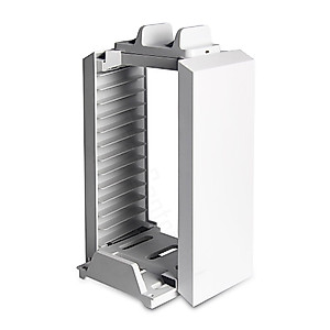 ElecGear Games Disk Tower, Vertical Stand, Dual Charger White Blu-ray DVD Disc Storage Organizer Holder, PS4 Controller Twin Charging Station for Playstation PS4, Pro, Slim