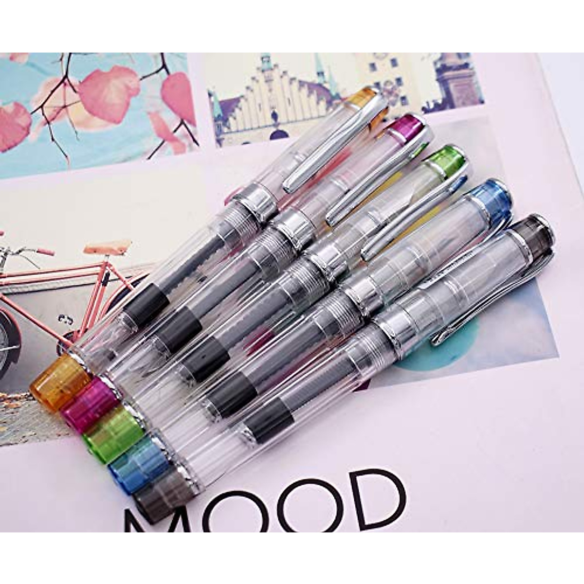 Lanxivi 5 PCS Yongsheng 3003 Fountain Pen Set Demonstrator Transparent Fine Nib with Ink Refill Converter, Perfect for Signature, School, Executive Business