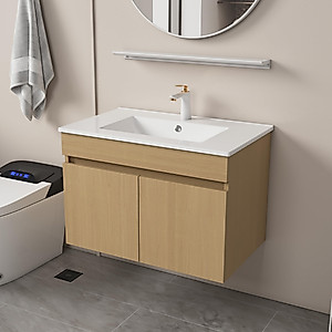 SSLine Modern 30" Floating Bathroom Vanity with Sink Wall Mounted Bathroom Vanity with Top Basin & Storage Cabinet Wood Hanging Vanity w/Ceramic Sink for Small Bath Powder Room (Light Oak)