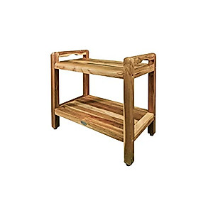 EcoDecors Eleganto Earthy Teak Shower Bench 2-Tier Wooden Seat Spa Shower Stool with Storage Shelf and LtAide Arms,for Indoor and Outdoor- 24 Inches