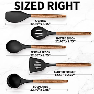 Zulay Kitchen Utensils Set Non-Stick Silicone Cooking Utensils Set with Authentic Acacia Wood Handles - 5 Piece Silicone Utensil Set - Silicone Kitchen Utensils Set with 464°F Heat Resistance - Black