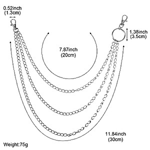 3 Pieces Jeans Chains Wallet Chain Pocket Chain Belt Chains Hip Hop Pants Chain with Lobster Claw Clasps for Keys, Wallet, Jeans Pants Belt Loop Purse Handbag (Silver)