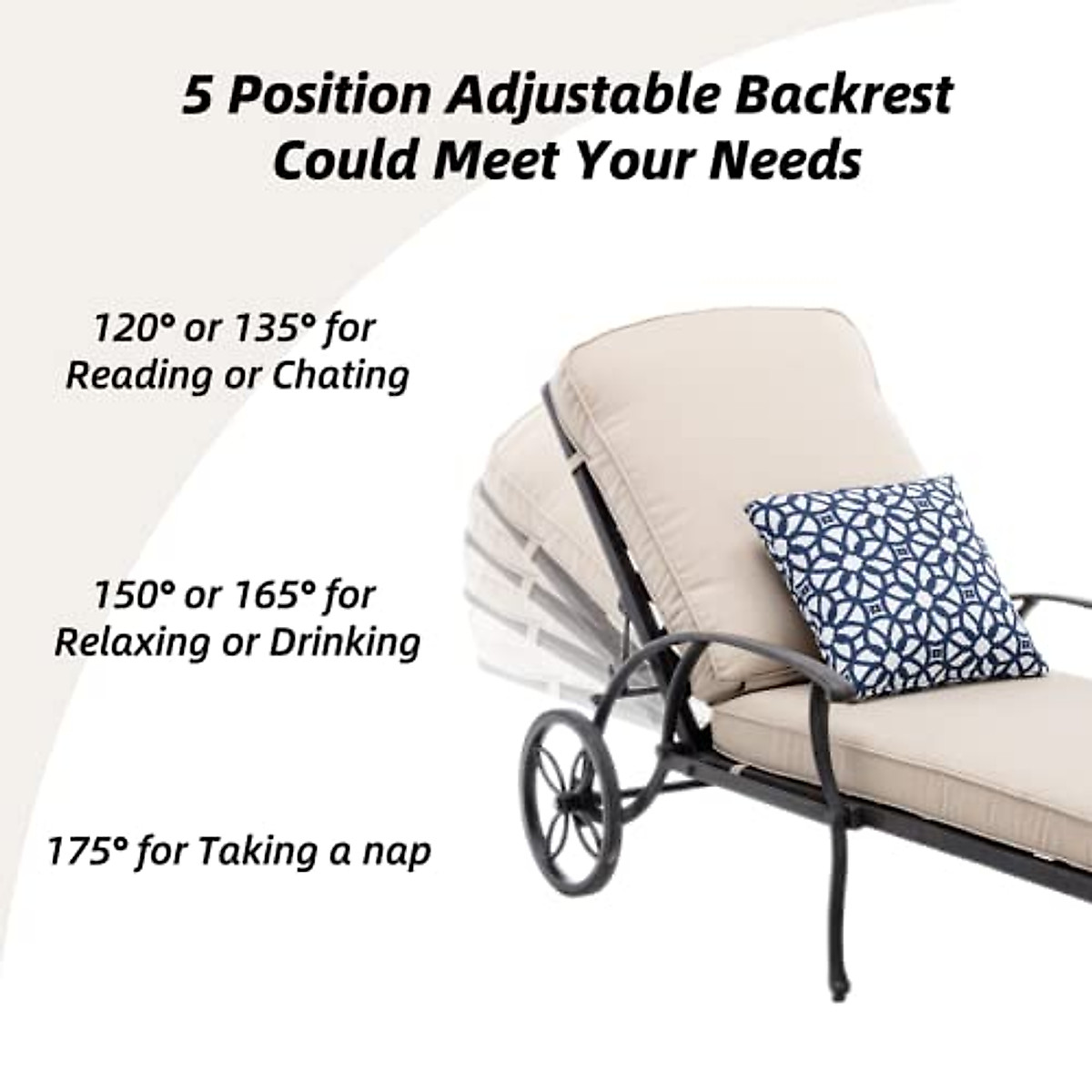 Luccalily Chaise Lounge Patio Chair with Wheels, Adjustable Reclining Rust-Resistant Aluminum Cast Poolside Chaise Lounge Furniture Set of 2, Waterproof Beige Cushion