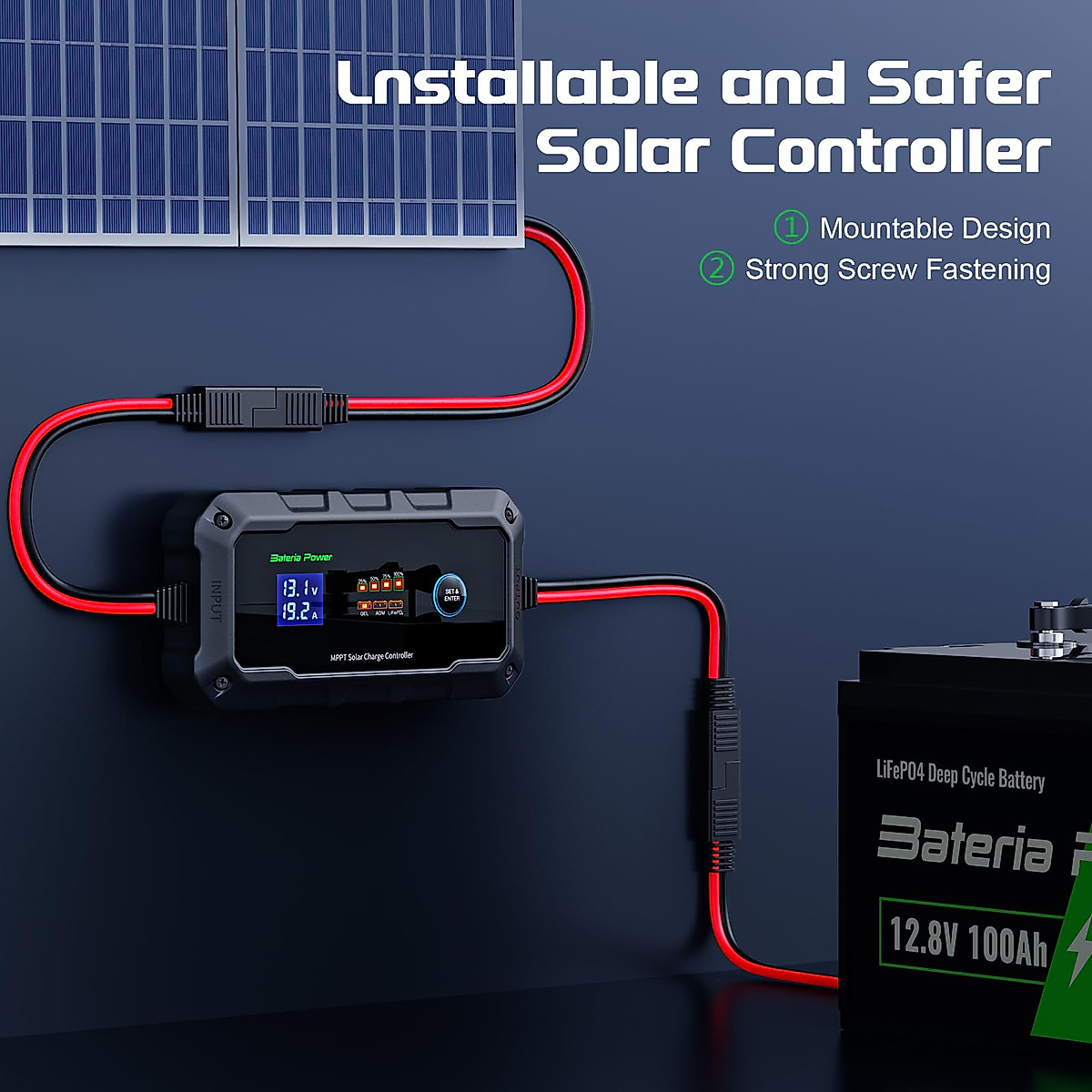 20A 12V/24V MPPT Solar Charge Controller, Bateria Power Intelligent Solar Panel Regulator 20 Amp with LCD Display and LED Indicate Light Designed for 12/24 Volt Gel AGM Lithium LiFePO4 (Sunrock 20)
