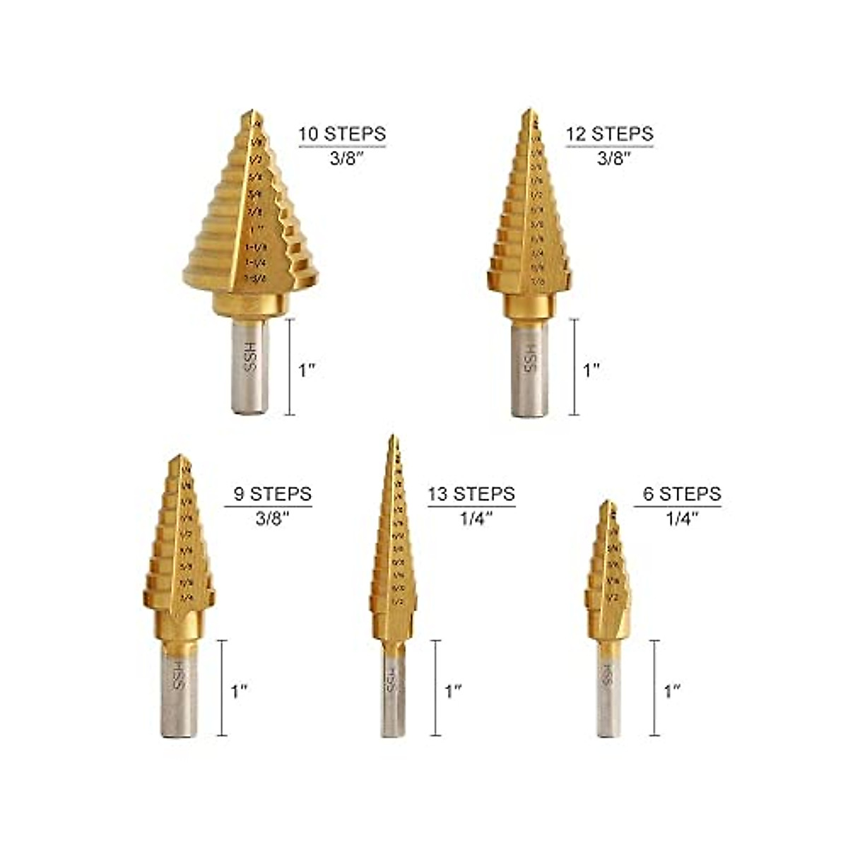 Arkdeffon Step Drill Bit Set & Automatic Center Punch,Titanium Coated, Double Cutting Blades, 5pcs Hss Multiple Hole 50 Sizes (1/8In-1 3/8In) High-Speed Metal Steel with Aluminum Case
