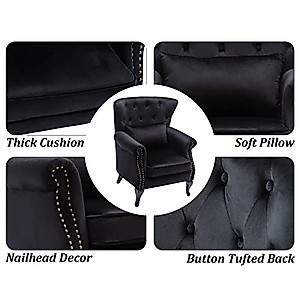 DM Furniture Mid Century Accent Chair Modern Button Tufted Armchair Club Chair Velvet Wingback Single Sofa Lounge Chair with Pillow for Living Room Bedroom, Black