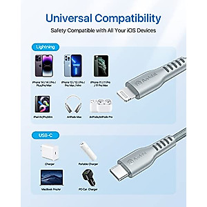 andobil [Military-Grade] Nylon USB C to Lightning Cable 6FT, [20W PD Fast Charging] Apple MFi Certified iPhone Charger Cord Compatible with iPhone 14 13 12 Pro Max iPad AirPods and More