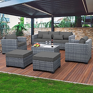 Lviden 6 Pieces Wicker Patio Furniture Sets Outdoor Conversation Set PE Rattan Sectional Sofa Couch with Storage Table and Grey Cushions