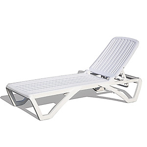 Domi Pool Lounge Chair, Patio Chaise Lounge with 5 Position Adjustable Backrest and Wheels, All Weather Plastic Outdoor Lounge Chairs for Deck Lawn Backyard, White