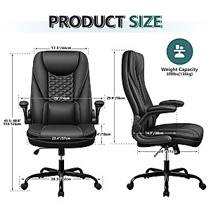 Guessky Office Chair, Big and Tall Office Chair Executive Office Chair Ergonomic Leather Chair with Lumbar Support High Back Home Office Desk Chairs Computer Chair with Adjustable Flip-Up Arms (Black)