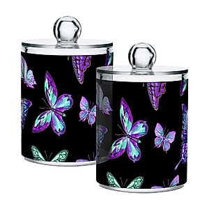 2 Pack Qtip Holder Dispenser for Cotton Ball Purple Butterfly Animal Cotton Swab Cotton Round Pads Clear Plastic Acrylic Jar Set Bathroom Canister