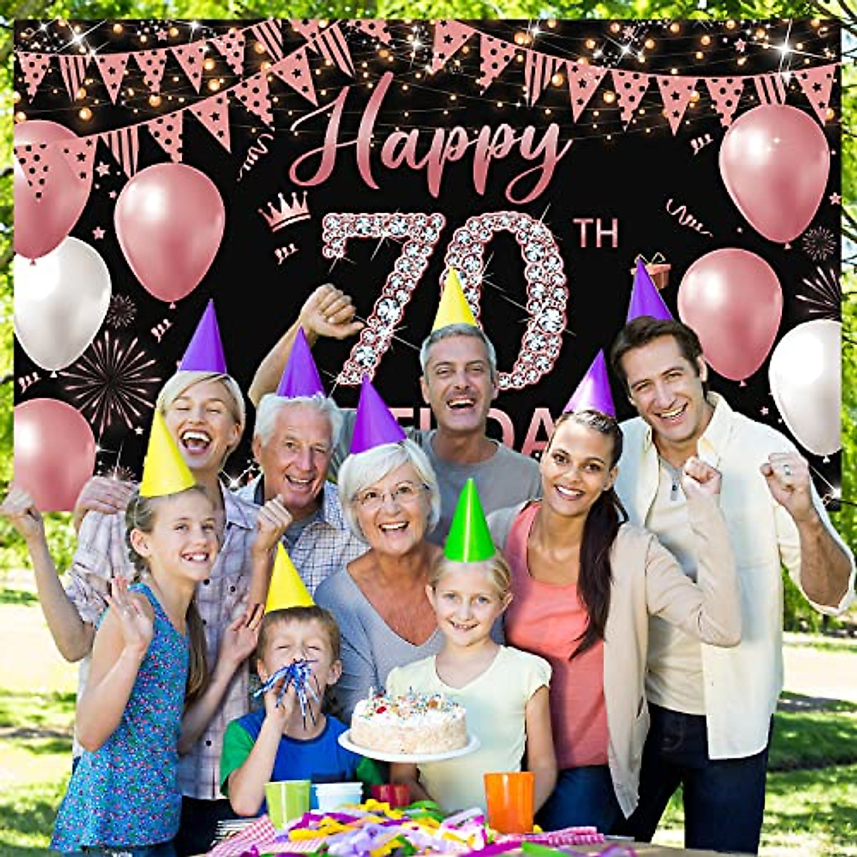70th Birthday Decorations Backdrop Banner for Women, Rose Gold Happy 70th Birthday Decoration for Women, 70 Year Old Birthday Party Backdrop, 70th Birthday Theme Photo Props Fabric 6.1ft x 3.6ft PHXEY