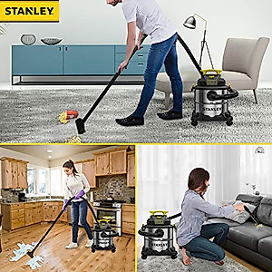 Stanley SL18115 Wet/Dry Vacuum, 4 Horsepower, Stainless Steel Tank, 5 Gallon, 4.0 HP, 50" Sealed Pressure, Silver+Yellow