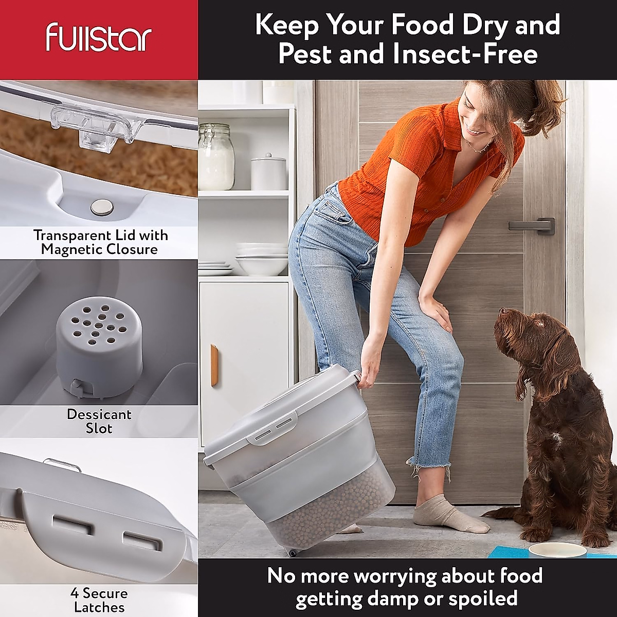 fullstar Rice Container 50 Lbs Storage - 50Lb Rice Storage Container 50 Lbs Flour Storage - Rice Container Storage Large Food Container - Dog Food Storage Container Pet Food Container Storage (Gray)