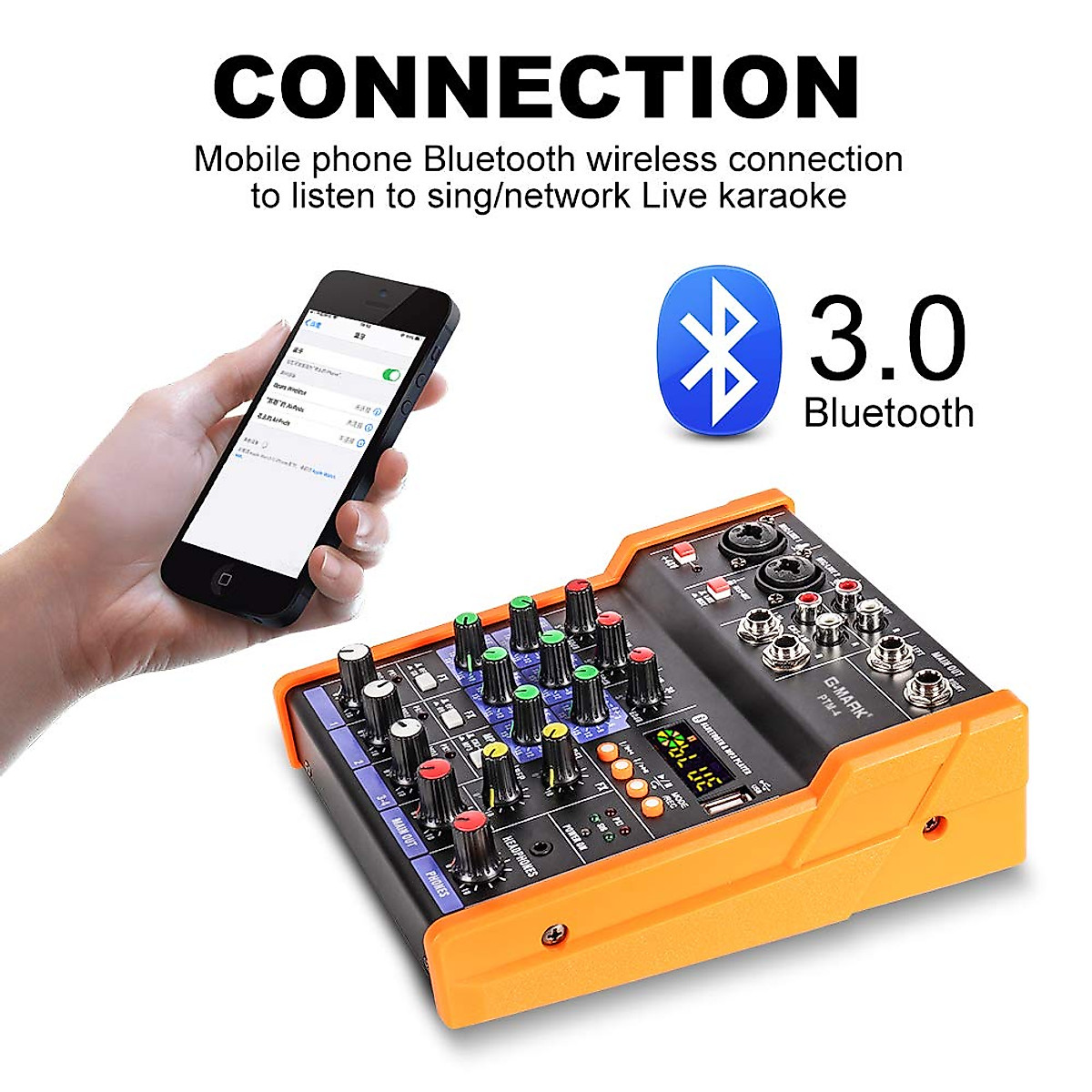 G-MARK PTM-4 4-Channel DJ Mixer, Bluetooth, USB Audio Interface, 3-Band EQ, Phantom Power, for PC, Karaoke, Live Performance, KTV, Studio Recording