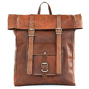 ANUENT Roll Top Leather Backpack for Men and Women Vintage Brown Large Laptop and Travel Bag Best Rucksack for Work, Adventure, and Business Leather Bookbag