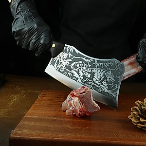 Ogival Meat Cleaver, Meat Chopper with Tiger Pattern, Bone Chopper High Carbon Stainless Steel Butcher Knife with Full Tang Handle, for Kitchen and Restaurant