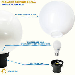 KastLite Lamp Post Globe Combo Lighting Fixture | 12" White Acrylic Lens with Black Fitter & Twist Lock Mounting | Fits 3" Diameter Posts (Not Included) | Comes with with 5000K LED Bulb