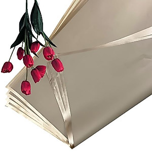 MIMISERVICE 20 PCS Khaki Flower Wrapping Paper, Waterproof Translucent Flower Bouquet Wrapping Paper, Gold Edge Florist Bouquet Supplies with Ribbon for DIY Gifts Wedding Birthday