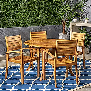Christopher Knight Home Payne Outdoor 4-Seater Round Acacia Wood Dining Set, Teak Finish