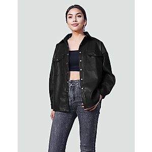 SeekMe Women's PU Leather Jacket Shacket Button Down Lapel Blazer Coat with Bust Pocket(0545-Black-L-QB)