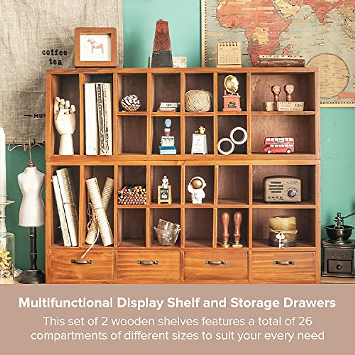 Wood Cabinet Floating Shelves (Set of 2) - Includes 1 Cubby Shelf w/ 12 Slots & 4 Drawers and 1 Wide Wooden Shelf - Stackable Farmhouse Decor Walnut Wood Cabinet - Total of 26 Compartments