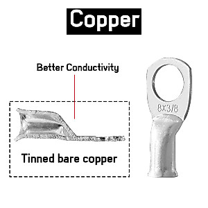 10PCS 1/0 Awg-3/8" Copper Wire Lugs with 3:1 Heat Shrink Tubing, Marine Grade Ring Terminal Connector, Heavy Duty UL Battery Cable Ends, Tinned Copper Eyelets Cable Lugs (AWG8*3/8)