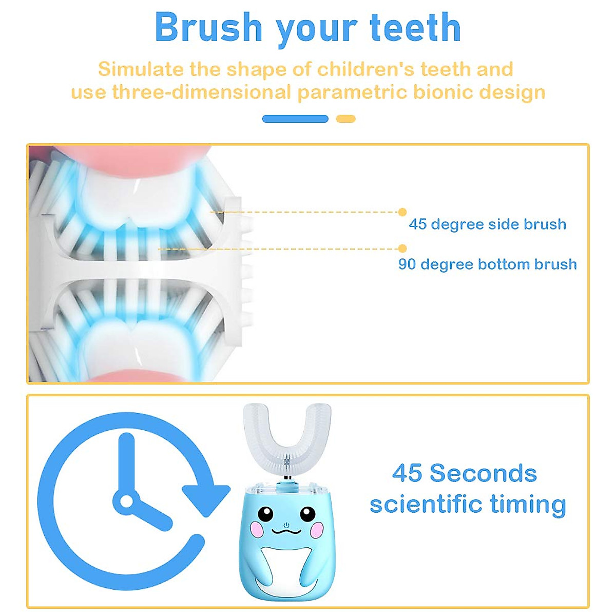 BASHUO Kids Ultrasonic Electric Toothbrush, 6 Gear Speed Mode IPX7 for Sensitive Teeth 360° Oral Cleaning U Shaped Toothbrush for Children Toddler 2-7 Years Old (Pink)