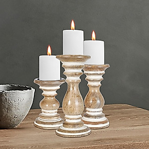 Wood Candle Holder, Candle Holder for Christmas Decoration, Wooden Pillar Candle Holder, Tall Candle Holders, Farmhouse Candle Holder, Candle Holder Set of 3, Height (10+8+6) inch White Wash