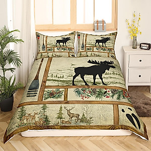 Retro Cabin Lodge Decor Duvet Cover King, Rustic Farmhouse Moose Comforter Cover, Lake House Decor Paddle Bedding Set, Woodland Pine Tree Bed Cover, Buffalo Plaid Bedspread Cover with 2 Pillowcases