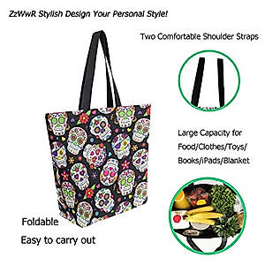 ZzWwR Chic Day of The Dead Sugar Skull Large Canvas Shoulder Tote Top Handle Bag for Gym Beach Travel Shopping