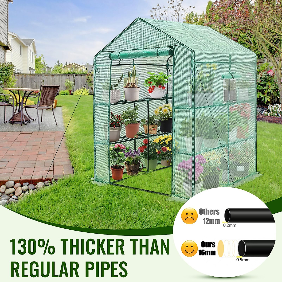 Greengro Greenhouse, 56 x 56 x 75'' Greenhouses for Outdoors, Durable Green House Kit with Window, Thicken PE Cover, 3 Tiers 8 Shelves, Heavy Duty Walk in Green Houses for Indoor Backyard Outside