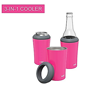 Zak Designs Durable 18/8 Stainless Steel with Vacuum Insulated Can and Bottle Cooler, Great for Cold Drinks Stay Cold in Pool and Party (12oz, Raspberry, BPA Free)