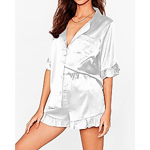 Women's Silk Satin Pajamas Set Ruffle Short Sleeve Sleepwear Button Down Two-Piece Pjs Shorts Set Loungewear White