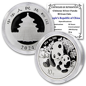 2024 30 Gram Silver Chinese Panda Coin Brilliant Uncirculated with Certificate of Authenticity 10¥ BU