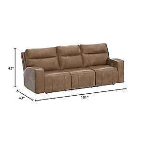 Signature Design by Ashley Game Plan Contemporary Tufted Leather Power Reclining Sofa with Adjustable Headrest, Light Brown