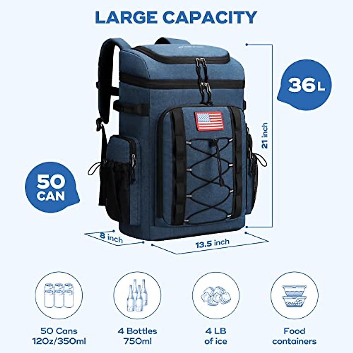 Maelstrom Cooler Backpack,50 Can Insulated Soft Backpack Cooler,Portable Lightweight Leakproof Cooler Bag,Large Capacity Beach Cooler,Waterproof Lunch Backpack for Men Women-Blue