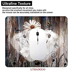 LTHAOGUO Mouse Pad, Butterfly Daisy on Wooden Personality Design Mousepad Waterproof Anti-Slip Rubber Base Office Decor Mousepad for Women Men, Laptop, Computers, 9.5 x7.9 inch, Rustic White Flower