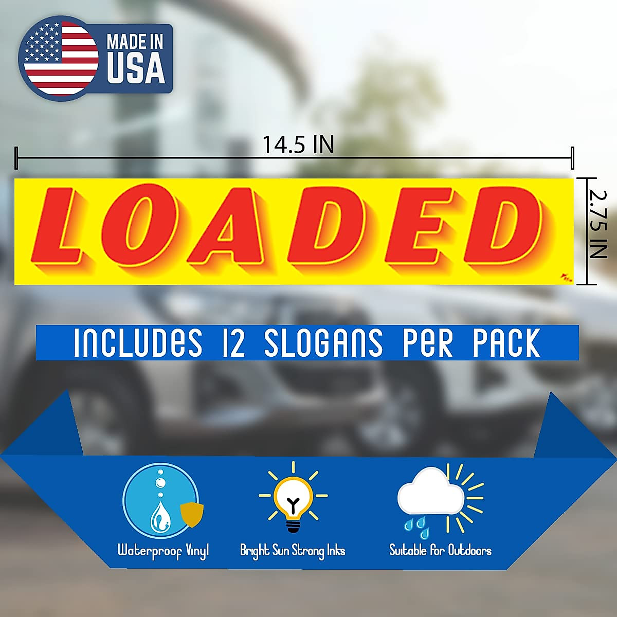 Versa Tags Windshield Slogan Stickers 12 Pack Each of Loaded, Down, Cash, Buy HERE Pay HERE, 4X4 (60) Window Stickers Total Dealership Stickers Red On Yellow