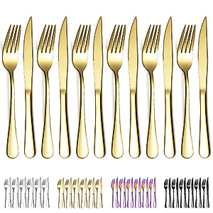 Evanda Gold Steak Knives Set 12 Piece, Gold Titanium Plating Stainless Steel 6 Dinner Forks and 6 Dinner Knives Set, Steak Knives Steak Forks, Dishwasher Safe