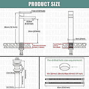 Heyalan Vessel Sink Faucet Bathroom Sink Faucet Tall Body Vessel Bowl Tap Single-Hole Deck Mount Lavatory Vanity Mixer Bar Tap Tall Spout Brass Tall Bathroom Faucet,Matte Black,with Drain