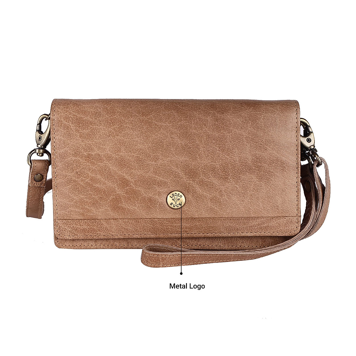 LEDERBUCK Real Leather Smartphone Crossbody Handbag Wristlet Purse Clutch for Women (Nougat)