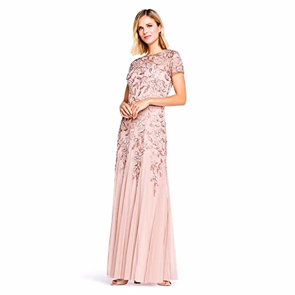 Adrianna Papell Women's Floral Beaded Godet Gown, Rose Gold, 16