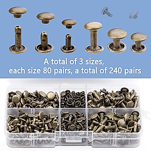 TLKKUE 240 Sets Rivets for Leather, Leather Rivets 3 Sizes Leather Double Cap Rivets for DIY Leather Craft, Bags/Clothes/Shoes/Belts Decoration or Repair (Bronze)