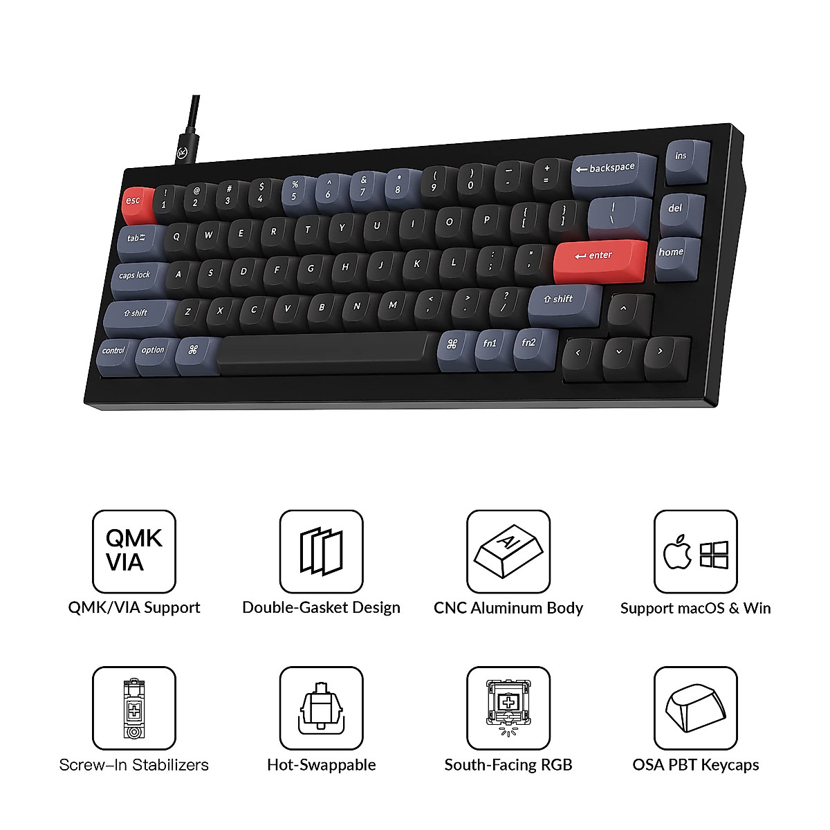 Keychron Q2 Wired Custom Mechanical Keyboard, QMK/VIA Programmable Macro, Full Aluminum, Hot-Swappable Gateron G Pro Red Switch, 65% Layout Double Gasket Compatible with Mac and Windows - Black