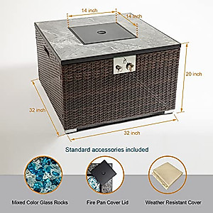AJ Enjoy 32'' Propane Fire Pit Table, Marble Textured Ceramic Tabletop, 50,000 BTU Fire Table with Brown Wicker, Mix Color Glass Rocks, Including Lid&Cover, Square, Tank Required to Be Kept Outside