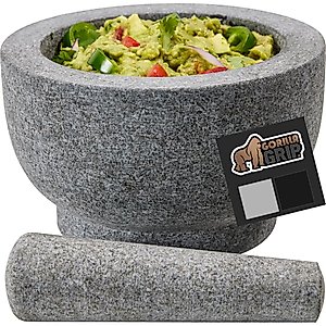 Gorilla Grip 100% Granite Slip Resistant Mortar and Pestle Set, Stone Guacamole Spice Grinder Bowls, Large Molcajete for Mexican Salsa Avocado Taco Mix Bowl, Kitchen Cooking Accessories, 1.5 Cup, Gray