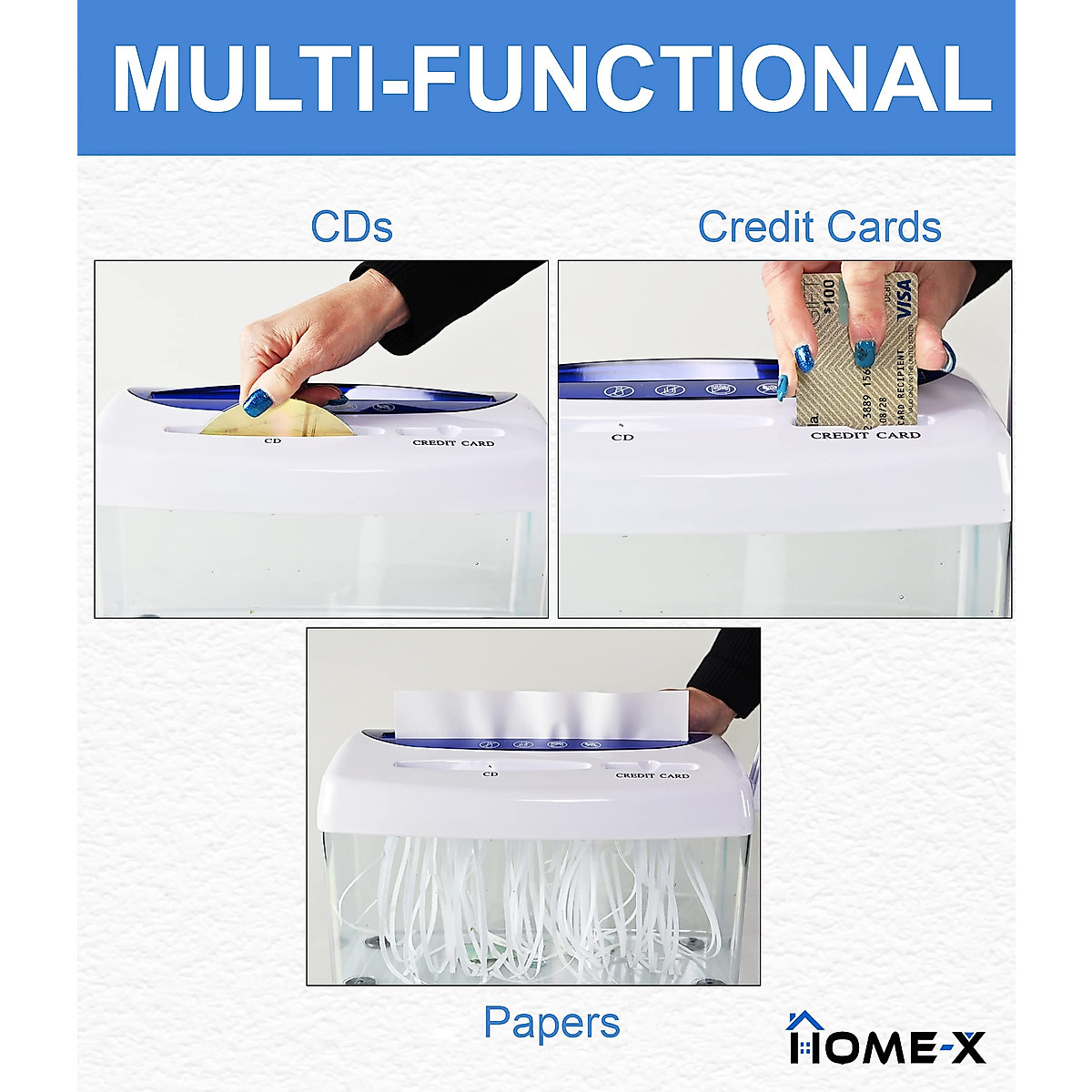 HOME-X 3-in-1 Hand Crank Paper Document Shredder for A4 Paper, Credit Cards, CDs-Manual Shredder Documents Paper Cutting Tool Home Office Desktop Stationery