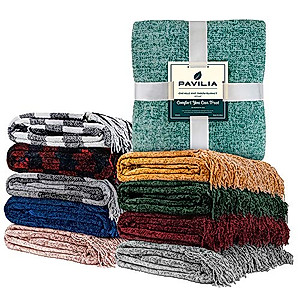 PAVILIA Chenille Tassel Fringe Throw Blanket | Velvety Textured Decorative Knit Throw for Sofa Couch Bed | Soft Boho Woven Cozy Lightweight Knitted Throw | Light Grey 50 x 60 Inches