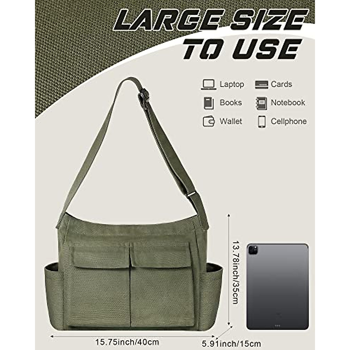 Sweetude Canvas Messenger Bag Crossbody Tote Bag with Multiple Pockets Laptop Large Shoulder Bags Aesthetic Casual Vintage Versatile School Cross Body Bag for Women Men, Green